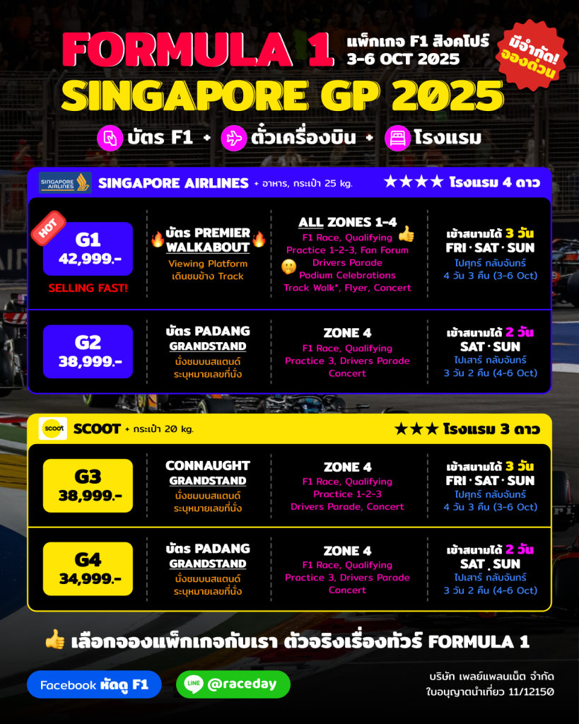 Package บัตร F1 ตั๋วเครื่องบิน โรงแรม Singapore GP 2025 (3-6 ต.ค. 68 ...